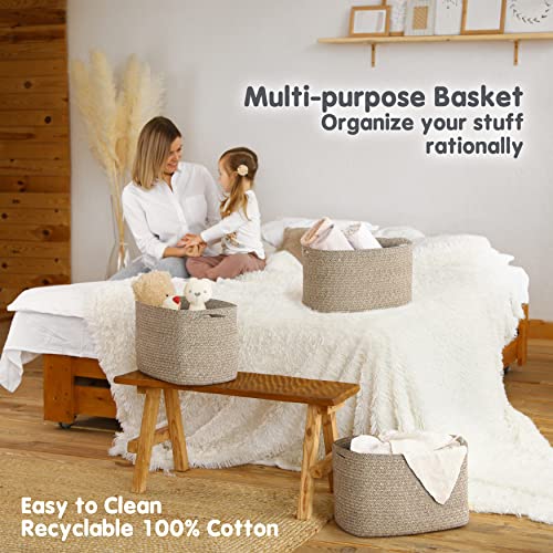 Cotton Rope Basket for Blanket Basket | Nursery Storage | 15"x10"x9" Set of 3 Brown Medium Storage Baskets for Organizing with Handles works as Wicker Basket, Woven Baskets for Storage, Blanket Storage Basket, Cloth Baskets as Toy Storage Basket