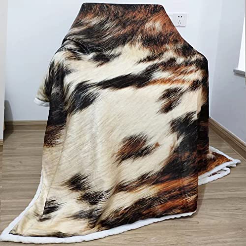 Animal Skin Cow Fur Throw Blanket All Season Brown Black Flannal Plush Warm Animal Skin Blankets Lightweight Soft Fuzzy Throws Blanket for Bed Sofa Couch Travel 60"x50"