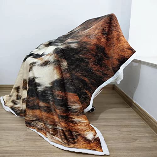 Animal Skin Cow Fur Throw Blanket All Season Brown Black Flannal Plush Warm Animal Skin Blankets Lightweight Soft Fuzzy Throws Blanket for Bed Sofa Couch Travel 60"x50"