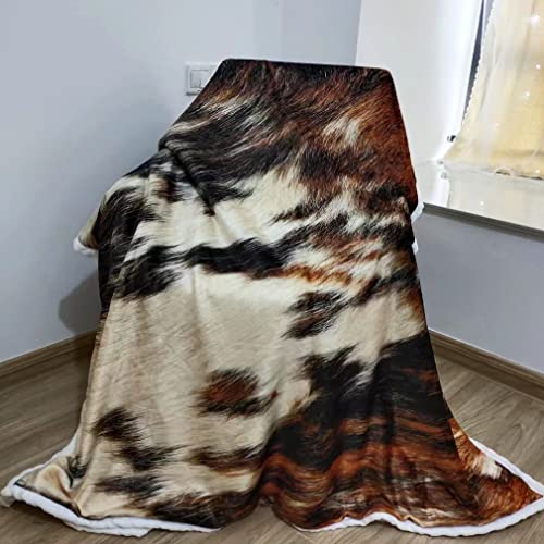 Animal Skin Cow Fur Throw Blanket All Season Brown Black Flannal Plush Warm Animal Skin Blankets Lightweight Soft Fuzzy Throws Blanket for Bed Sofa Couch Travel 60"x50"