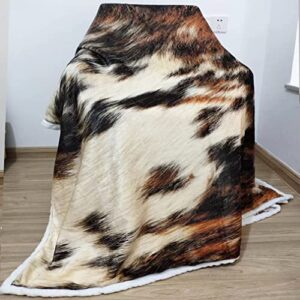 cow skin print cowhide throw blanket all season brown black flannal plush warm animal skin blankets lightweight soft fuzzy throws blanket for bed sofa couch travel 80″x60″