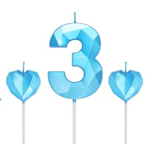 Blue Number 3 Candles and Star Heart Candles 2.76 inch Number Candles for Birthday Cakes 3D Diamond Shaped for Cake Decorations(Blue Candle 3)