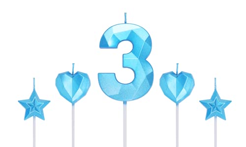 Blue Number 3 Candles and Star Heart Candles 2.76 inch Number Candles for Birthday Cakes 3D Diamond Shaped for Cake Decorations(Blue Candle 3)