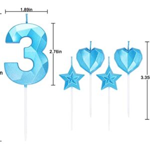 Blue Number 3 Candles and Star Heart Candles 2.76 inch Number Candles for Birthday Cakes 3D Diamond Shaped for Cake Decorations(Blue Candle 3)