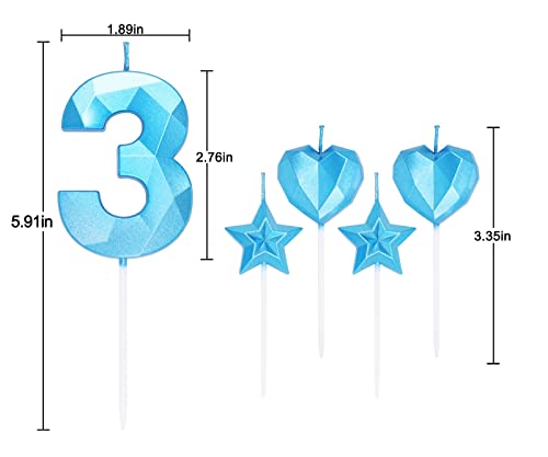 Blue Number 3 Candles and Star Heart Candles 2.76 inch Number Candles for Birthday Cakes 3D Diamond Shaped for Cake Decorations(Blue Candle 3)