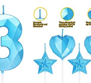 Blue Number 3 Candles and Star Heart Candles 2.76 inch Number Candles for Birthday Cakes 3D Diamond Shaped for Cake Decorations(Blue Candle 3)