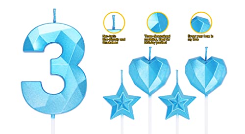 Blue Number 3 Candles and Star Heart Candles 2.76 inch Number Candles for Birthday Cakes 3D Diamond Shaped for Cake Decorations(Blue Candle 3)