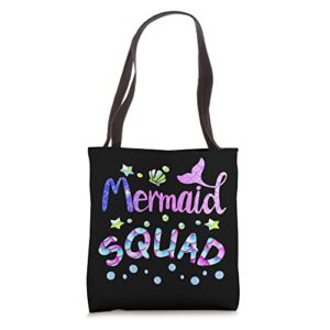 squad of the birthday mermaid family matching party squad tote bag