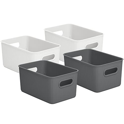 Superio Small Decorative Storage Bin (4 Pack)- Closet, and Shelf Plastic Storage Basket Organizer for Home, Toys, and Pantry- Ribbed Design, 5 Liter, Grey and White