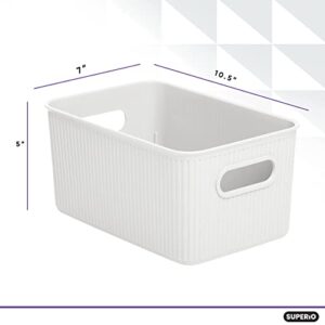 Superio Small Decorative Storage Bin (4 Pack)- Closet, and Shelf Plastic Storage Basket Organizer for Home, Toys, and Pantry- Ribbed Design, 5 Liter, Grey and White