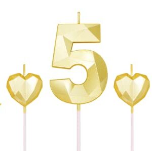 Gold Number 5 Candles and Star Heart Candles 2.76 inch Number Candles for Birthday Cakes 3D Diamond Shaped for Cake Decorations(Gold Candle 5)