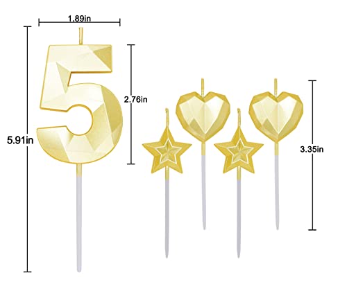 Gold Number 5 Candles and Star Heart Candles 2.76 inch Number Candles for Birthday Cakes 3D Diamond Shaped for Cake Decorations(Gold Candle 5)