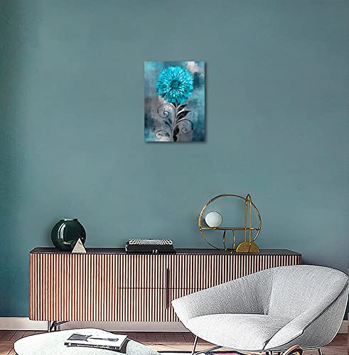 NINEASO Abstract Flowers Wall Art Teal Flower Canvas Pictures Rustic Blossom Canvas Painting for Bedroom Bathroom Wall Decor Modern Teal Grey Canvas Prints Contemporary Botanical Wall Art 12" x 16"