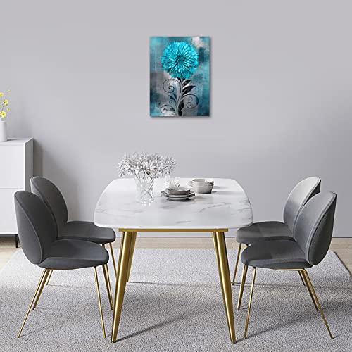 NINEASO Abstract Flowers Wall Art Teal Flower Canvas Pictures Rustic Blossom Canvas Painting for Bedroom Bathroom Wall Decor Modern Teal Grey Canvas Prints Contemporary Botanical Wall Art 12" x 16"