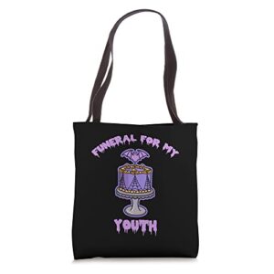 funny goth birthday funeral for my youth gothic cake bat tote bag