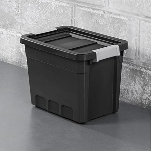 Sterilite 7.5 Gallon Stackable Rugged Industrial Storage Tote Containers with Gray Latching Clip Lids for Garage, Attic, or Worksite, Black (6 Pack)