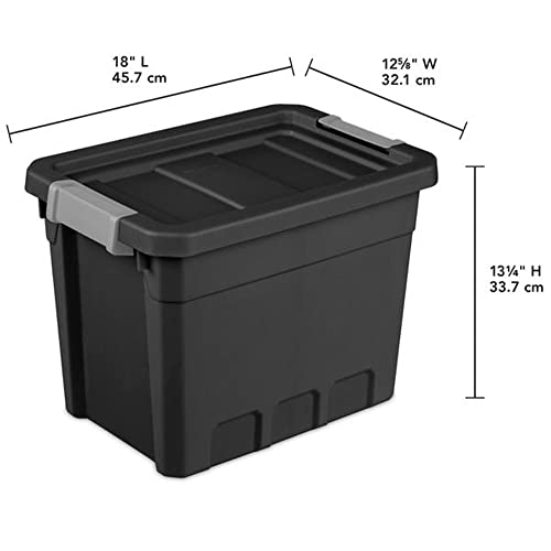 Sterilite 7.5 Gallon Stackable Rugged Industrial Storage Tote Containers with Gray Latching Clip Lids for Garage, Attic, or Worksite, Black (6 Pack)