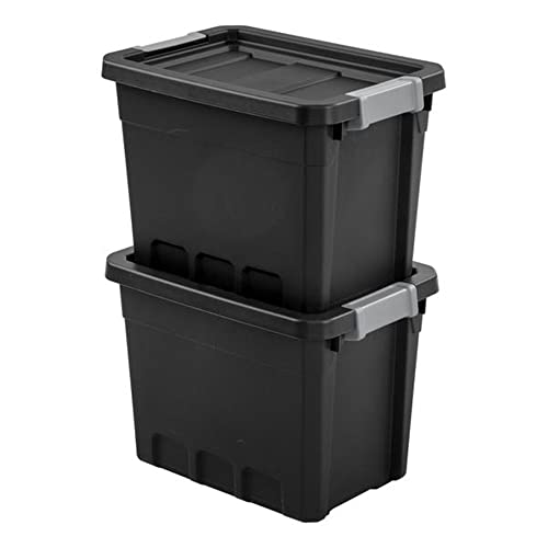 Sterilite 7.5 Gallon Stackable Rugged Industrial Storage Tote Containers with Gray Latching Clip Lids for Garage, Attic, or Worksite, Black (6 Pack)