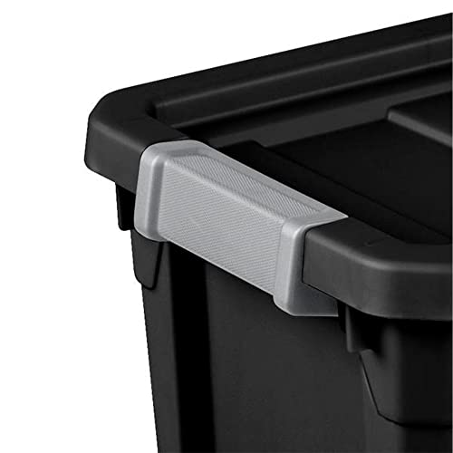 Sterilite 7.5 Gallon Stackable Rugged Industrial Storage Tote Containers with Gray Latching Clip Lids for Garage, Attic, or Worksite, Black (6 Pack)