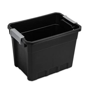 Sterilite 7.5 Gallon Stackable Rugged Industrial Storage Tote Containers with Gray Latching Clip Lids for Garage, Attic, or Worksite, Black (6 Pack)