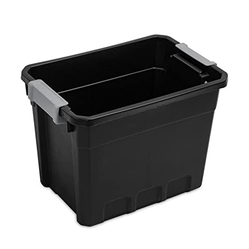 Sterilite 7.5 Gallon Stackable Rugged Industrial Storage Tote Containers with Gray Latching Clip Lids for Garage, Attic, or Worksite, Black (6 Pack)