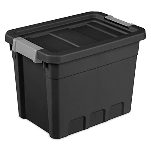 Sterilite 7.5 Gallon Stackable Rugged Industrial Storage Tote Containers with Gray Latching Clip Lids for Garage, Attic, or Worksite, Black (6 Pack)