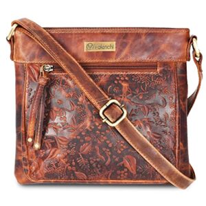 levogue genuine leather crossbody handbag for women – shoulder bag for womens handmade by valenchi (cognac vintage-flower)