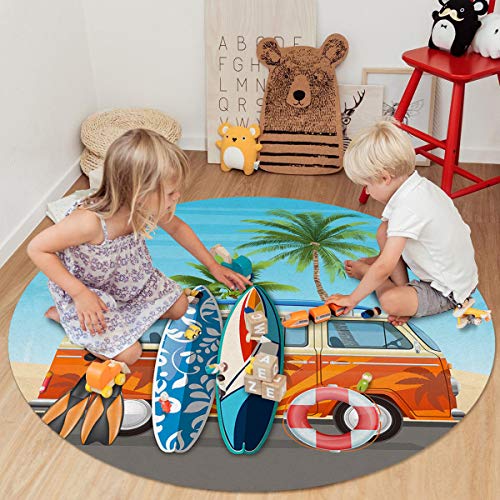 Cartoon Style Minibus and Surfboard Area Rug Carpet for Kids Teen Girls Boys Bedroom, Living Room, Washable Outdoor Indoor Accent Throw Runner Floor Mat Area+Rug 6FT(Round)