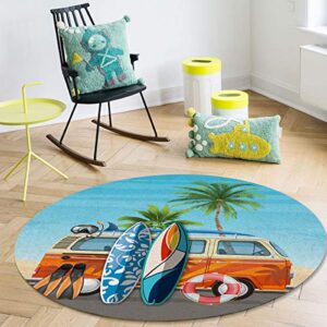 Cartoon Style Minibus and Surfboard Area Rug Carpet for Kids Teen Girls Boys Bedroom, Living Room, Washable Outdoor Indoor Accent Throw Runner Floor Mat Area+Rug 6FT(Round)