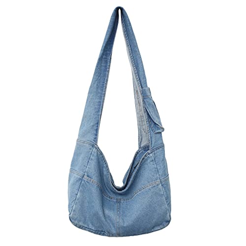 Women's Retro Denim Shoulder Bag Hobo Crossbody Handbag Grunge Aesthetic Harajuku Tote Hippie Boho Sling Bag (Light Blue)