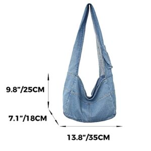 Women's Retro Denim Shoulder Bag Hobo Crossbody Handbag Grunge Aesthetic Harajuku Tote Hippie Boho Sling Bag (Light Blue)