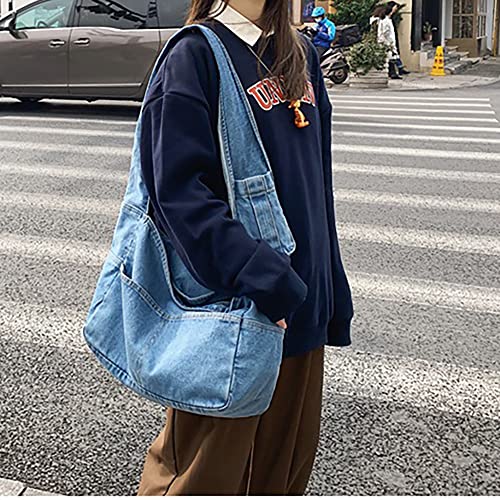 Women's Retro Denim Shoulder Bag Hobo Crossbody Handbag Grunge Aesthetic Harajuku Tote Hippie Boho Sling Bag (Light Blue)