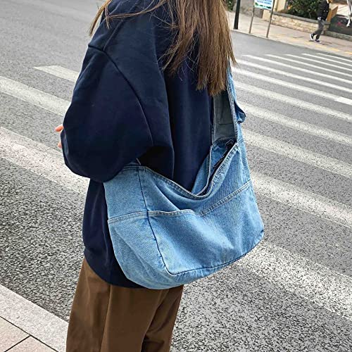 Women's Retro Denim Shoulder Bag Hobo Crossbody Handbag Grunge Aesthetic Harajuku Tote Hippie Boho Sling Bag (Light Blue)