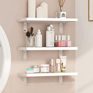 voggv floating shelves, white wall shelf décor storage, wall mounted shelves set of 3, mdern floating shelves with metal l brackets for bedroom, living room, bathroom, over toilet, kitchen