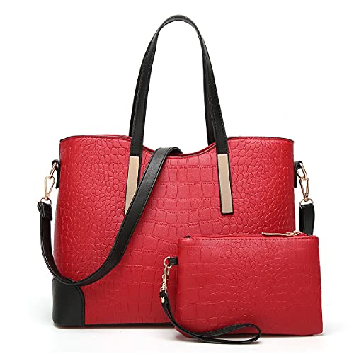 Women Handbags, Satchel Shoulder Tote Bags Wallets, Soft Leather Bucket Tote Purse Set of 2 (Red)