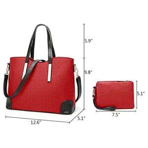 Women Handbags, Satchel Shoulder Tote Bags Wallets, Soft Leather Bucket Tote Purse Set of 2 (Red)