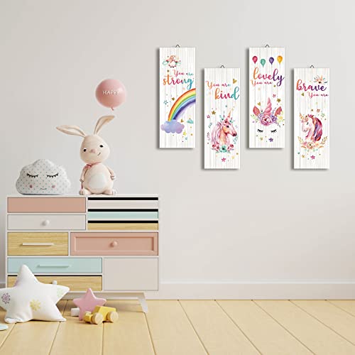 4 Pcs Unicorn Rainbow Motivational Wall Hanging Sign for Girls Children Room Wall Art Inspirational Quotes Wood Unicorn Hanging Plaque Bedroom Decorations for Baby Toddler Kids Teen