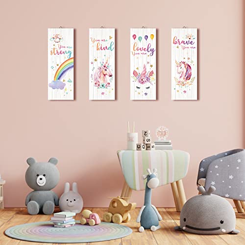 4 Pcs Unicorn Rainbow Motivational Wall Hanging Sign for Girls Children Room Wall Art Inspirational Quotes Wood Unicorn Hanging Plaque Bedroom Decorations for Baby Toddler Kids Teen