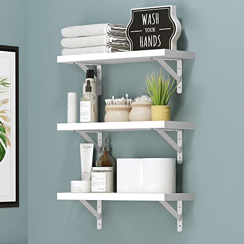 BHFOW Set of 3 Floating Wall Shelves Wall Mounted Floating Shelf Wood Hanging Shelf for Wall, Storage Display Shelving Include Mounting Brackets, White