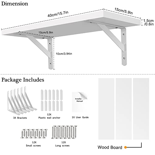 BHFOW Set of 3 Floating Wall Shelves Wall Mounted Floating Shelf Wood Hanging Shelf for Wall, Storage Display Shelving Include Mounting Brackets, White