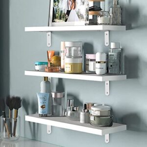 bhfow 3 pack floating wood shelves, wall mounted shelves,display storage shelf, home decor photo display, organizer shelf with elegant metal brackets for living room/bedroom/bathroom/kitchen,white