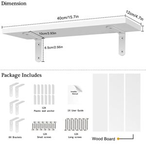 BHFOW 3 Pack Floating Wood Shelves, Wall Mounted Shelves,Display Storage Shelf, Home Decor Photo Display, Organizer Shelf with Elegant Metal Brackets for Living Room/Bedroom/Bathroom/Kitchen,White