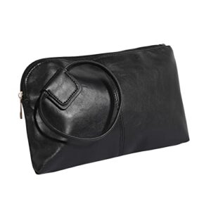 thovsmoon wristlet clutch purses for women,soft vegan leather evening bag with round handle,large zippered bracelet clutch (black)