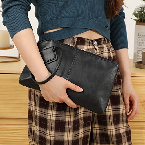 THOVSMOON Wristlet Clutch Purses for Women,Soft Vegan Leather Evening bag with Round handle,Large Zippered Bracelet Clutch (Black)