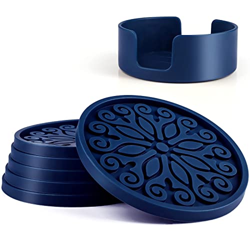 Coasters for Drinks,Silicone Coasters with Holder,Set of 6 - Great Gift for Birthday, Housewarming, Room Decor, Bar, Holiday Party(Blue)