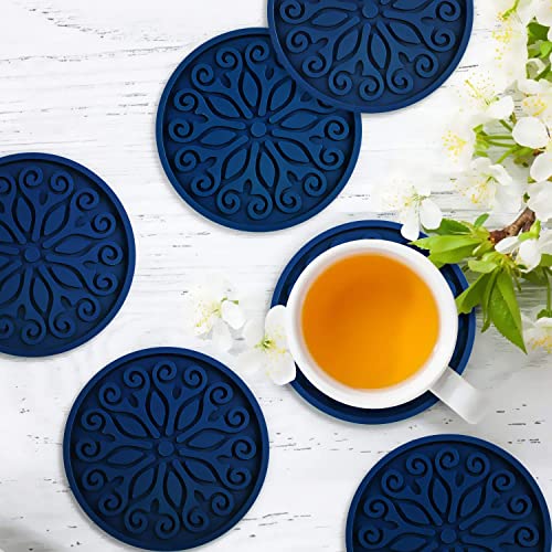 Coasters for Drinks,Silicone Coasters with Holder,Set of 6 - Great Gift for Birthday, Housewarming, Room Decor, Bar, Holiday Party(Blue)