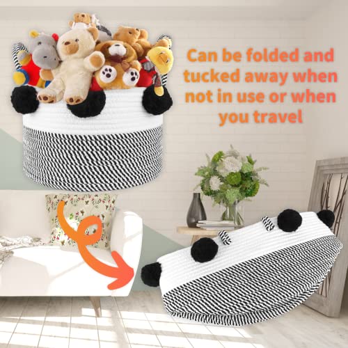 QDSTCKJ Cotton Rope Storage Basket 15" x 15" x 8.5", Woven Laundry Basket with Handles and Pom-poms, Blanket Basket Living Room, Storage Basket for Organizing, Toy Basket, Black and White.