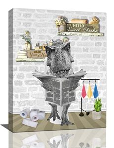 funny bathroom wall art dinosaur on toilet bathroom pictures for wall animal dino bathroom decor canvas print framed painting artwork bathroom deocration signs ready to hang 12×16 in