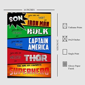 Son, You Are My Favorite Superhero - Artistic Typography Poster, Motivational Inspirational Quote Wall Art Print Great Decor for Kids Childs Bedroom Nursery Decor 16x24 Inch (Unframed)