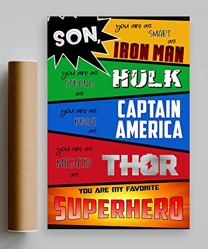 Son, You Are My Favorite Superhero - Artistic Typography Poster, Motivational Inspirational Quote Wall Art Print Great Decor for Kids Childs Bedroom Nursery Decor 16x24 Inch (Unframed)